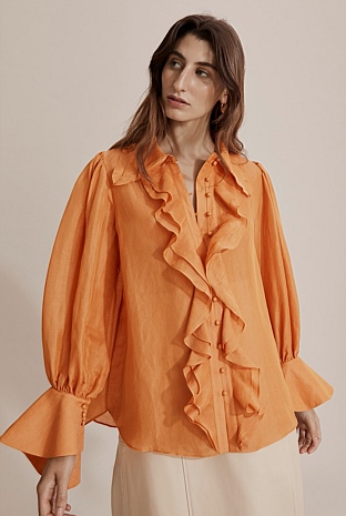 Ochre Ruffle Placket Blouse - Natural Fibres | Country Road