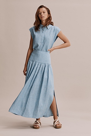 Aqua Organically Grown French Linen Check Basque Maxi Skirt - Natural ...