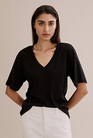 Black Deep V-Neck Cotton Modal T-Shirt - T-Shirts & Tops | Country Road