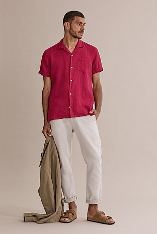 Raspberry Regular Fit Organically Grown Revere Linen Shirt - Casual ...