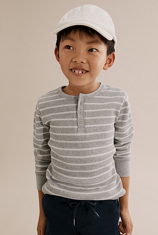 Grey Marle Cotton Stripe Waffle Henley - T-Shirts | Country Road