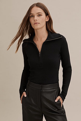 Black Zip Detail Rib Top - T-Shirts & Tops | Country Road
