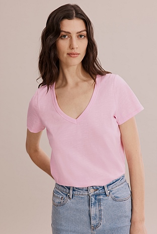 Sugar Pink Australian Cotton Slub V-Neck T-Shirt - T-Shirts & Tops ...