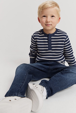 Navy Stripe Cotton Stripe Waffle Henley - T-Shirts | Country Road