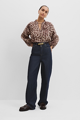 Leopard Print Print Ramie Long Sleeve Blouse - Shirts | Country Road