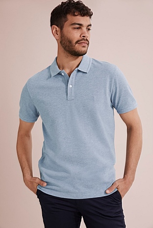 Blue Melange Cotton Pique Polo - Natural Fibres | Country Road