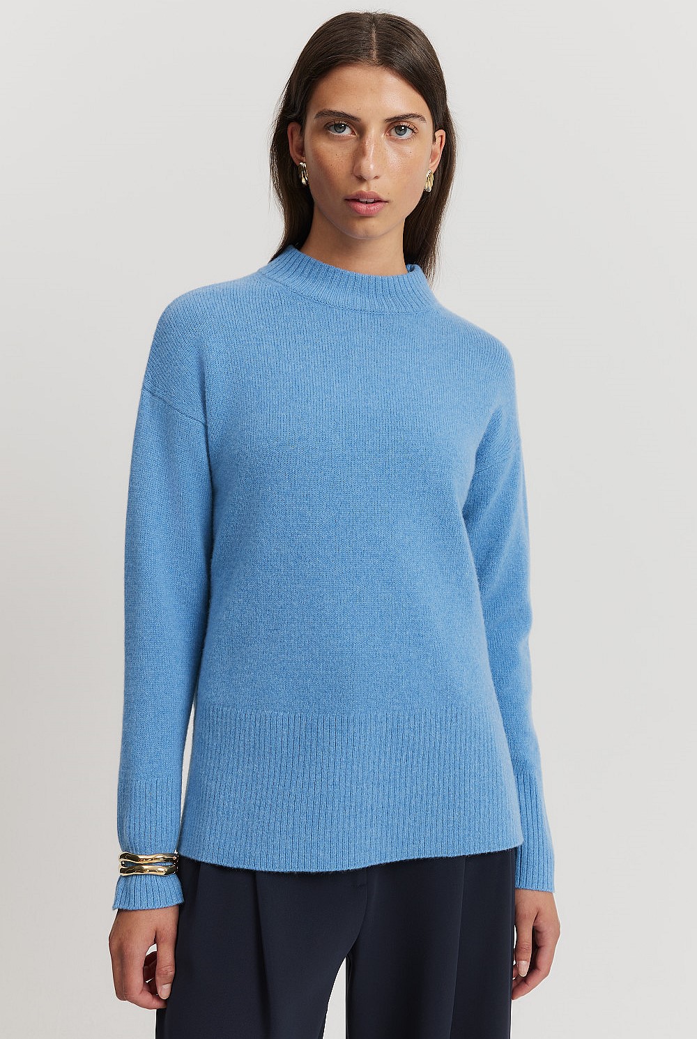 French Blue Australian Merino Wool Rib Detail Pullover - Natural Fibres ...