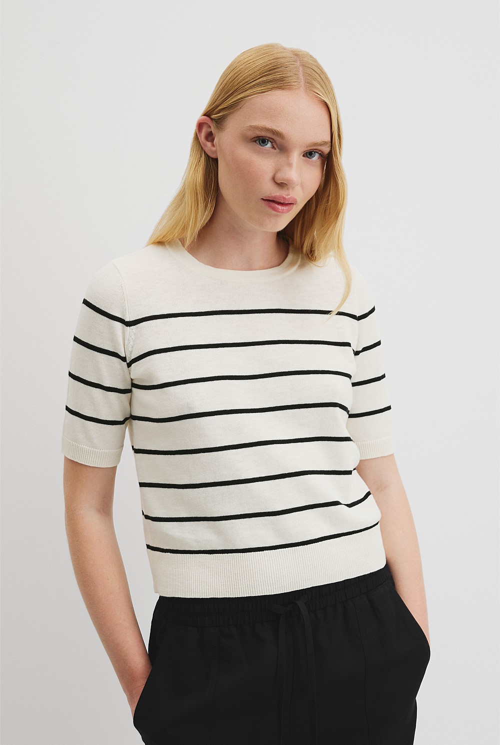 Black Stripe Organically Grown Cotton Linen Short Sleeve Knit T-Shirt ...