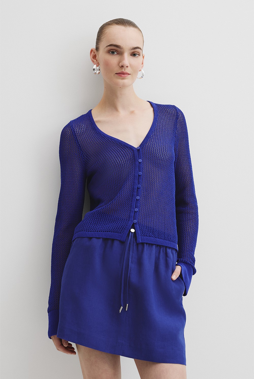 Ultra Blue Micro Crochet Knit Cardigan - Knitwear | Country Road