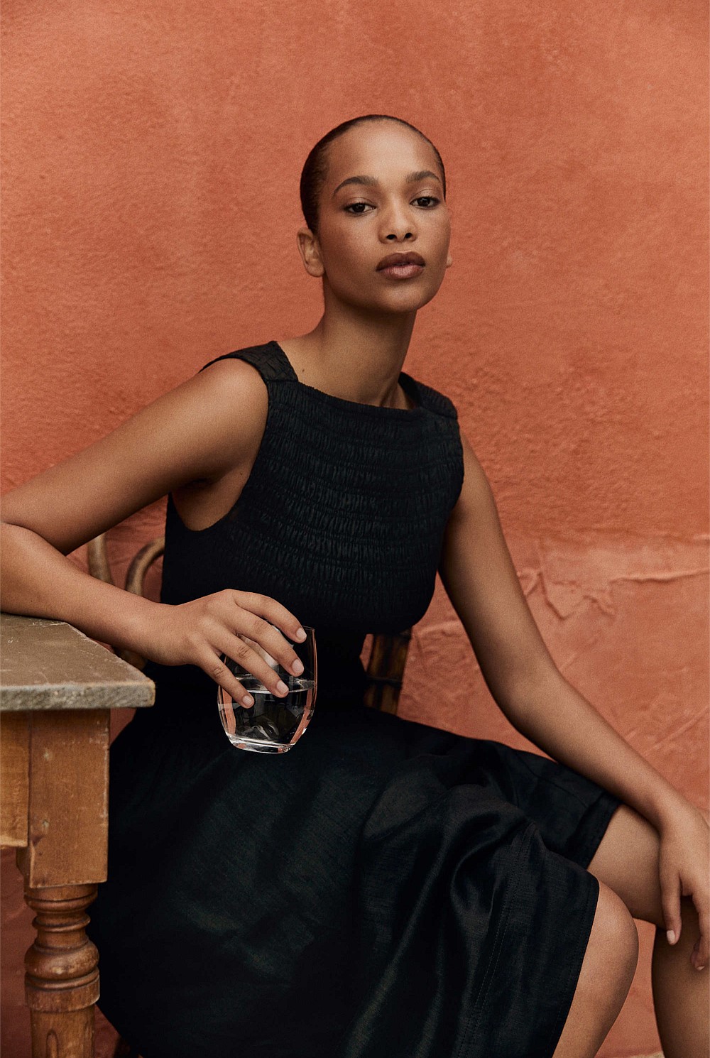 Black Organically Grown Linen Shirred Midi Dress - Work | Country Road