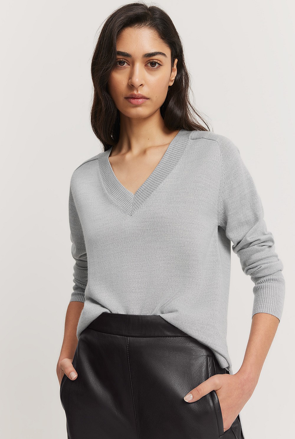 Light Grey Marle Australian Merino Wool V-Neck Knit - Natural Fibres ...