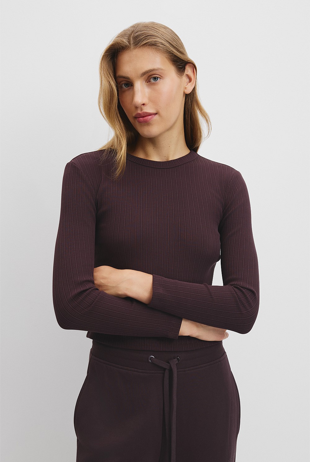Wine Australian Cotton Long Sleeve Fitted Rib Top - Australian Grown ...