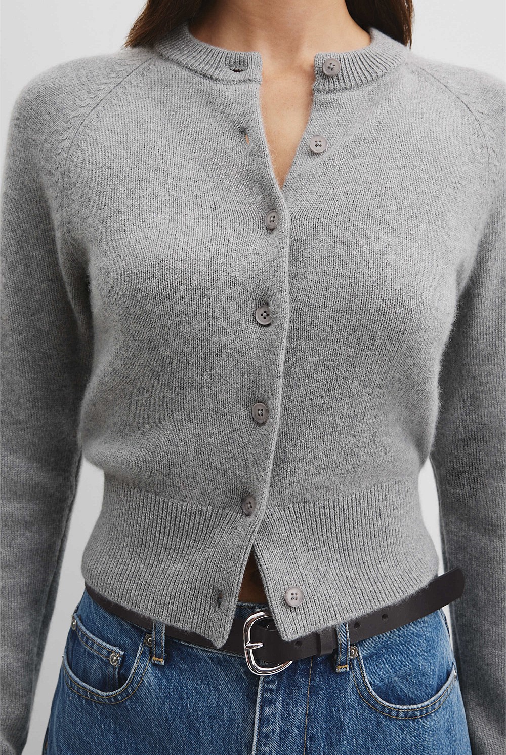 Light Grey Marle Cotton Cashmere Crew Neck Cardigan - Work | Country Road