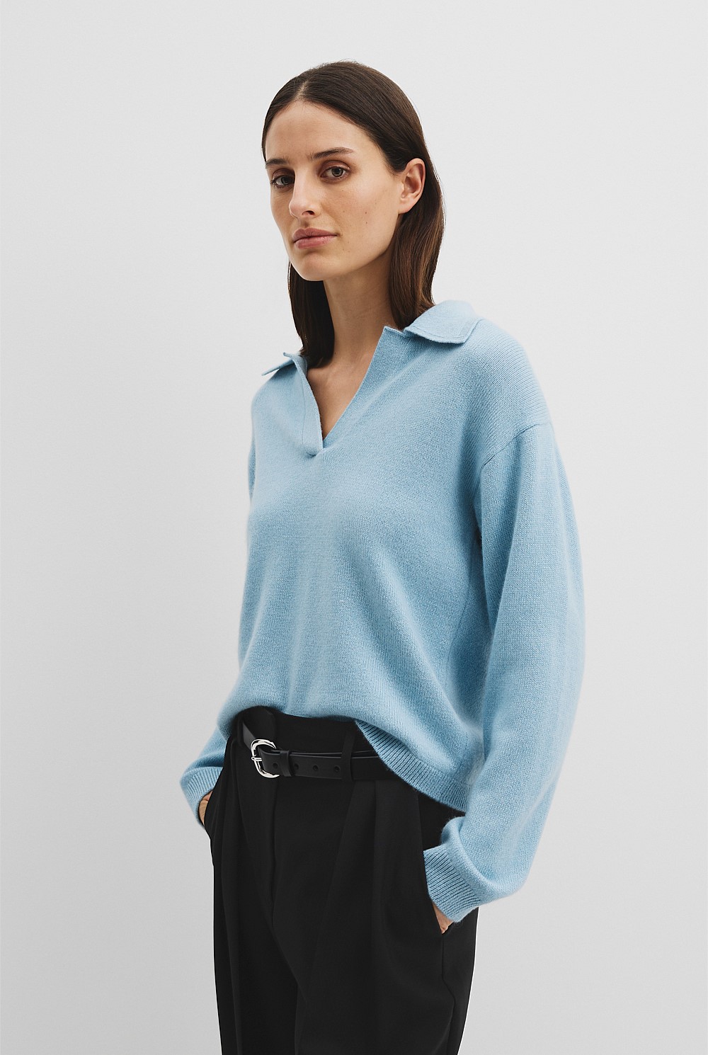 Blue Haze Cotton Cashmere Collared Knit Sweater - Knitwear | Country Road