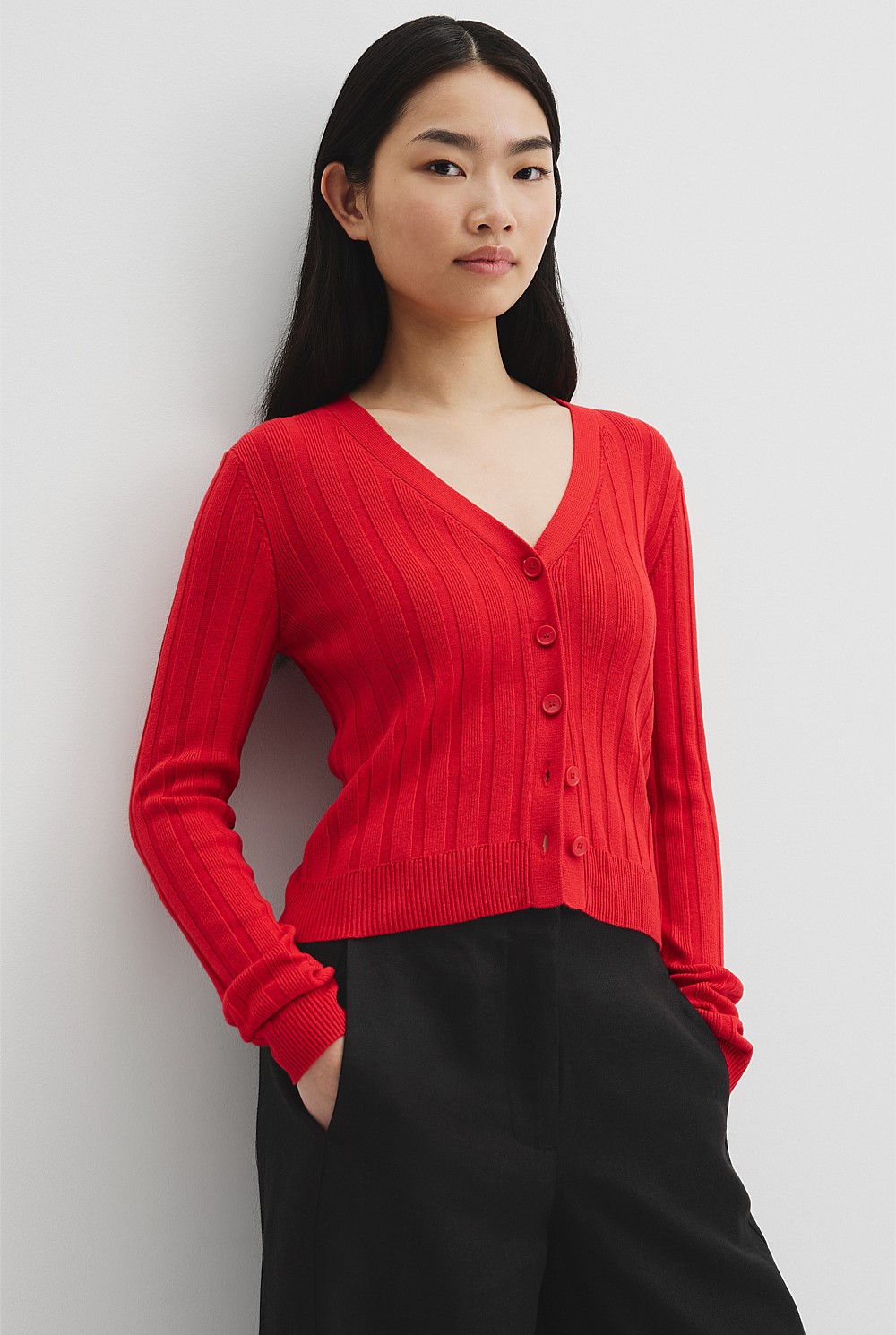 Vivid Red Organically Grown Cotton Blend Fitted Knit Cardigan ...