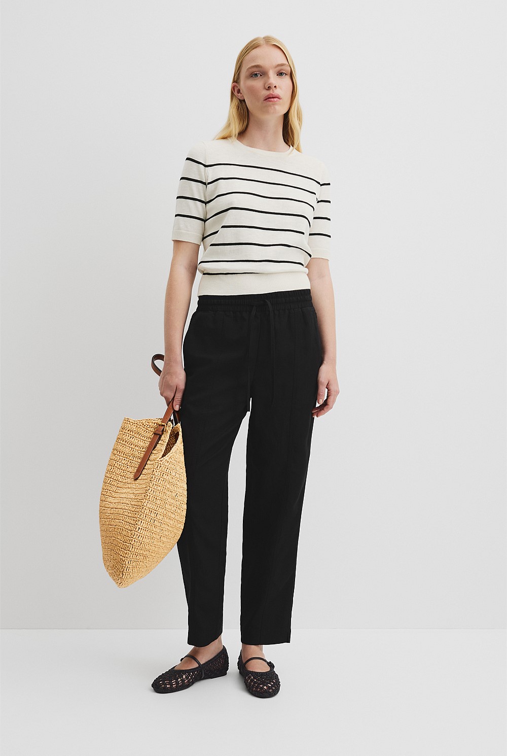 Black Stripe Organically Grown Cotton Linen Short Sleeve Knit T-Shirt ...