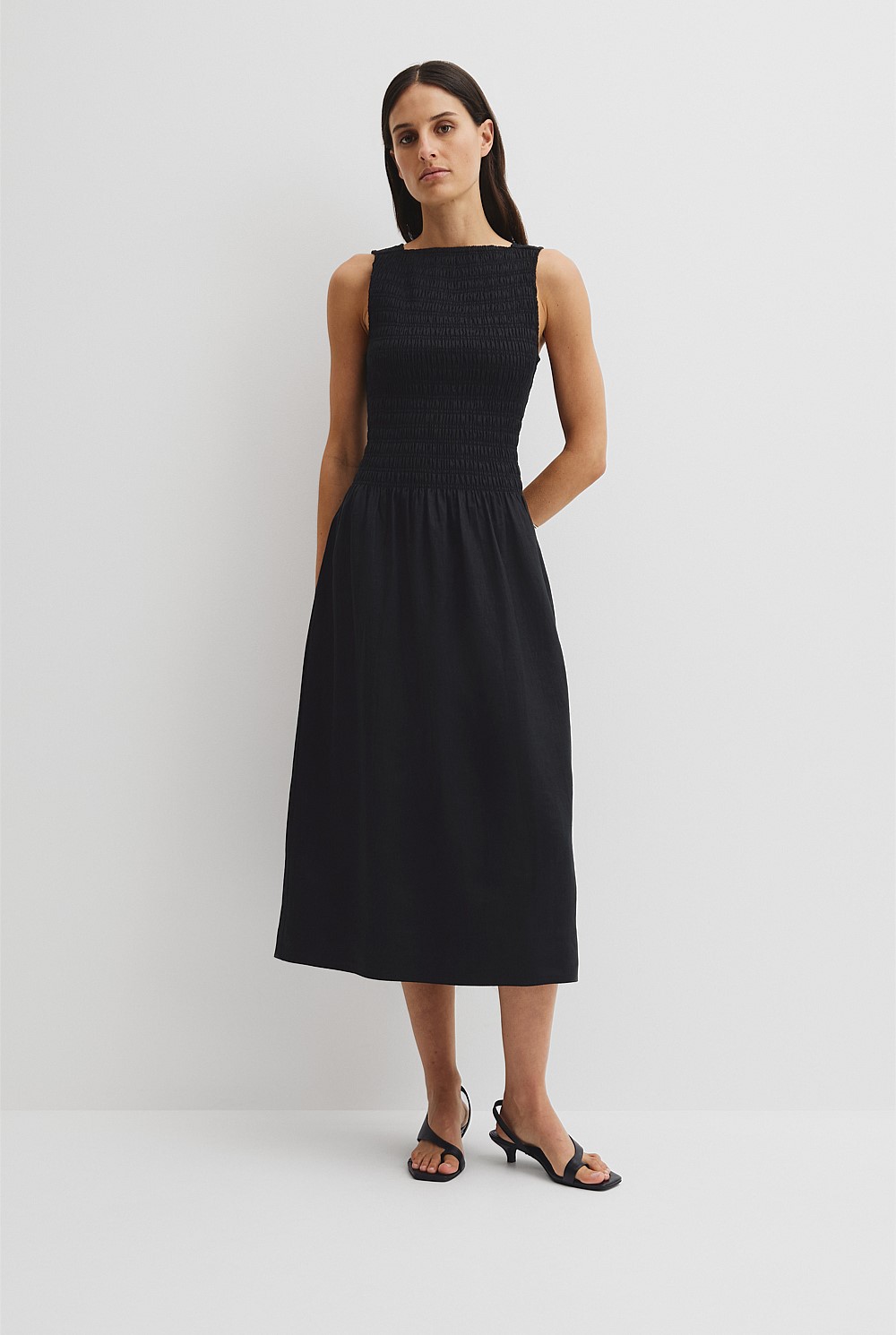 Black Organically Grown Linen Shirred Midi Dress - Work | Country Road