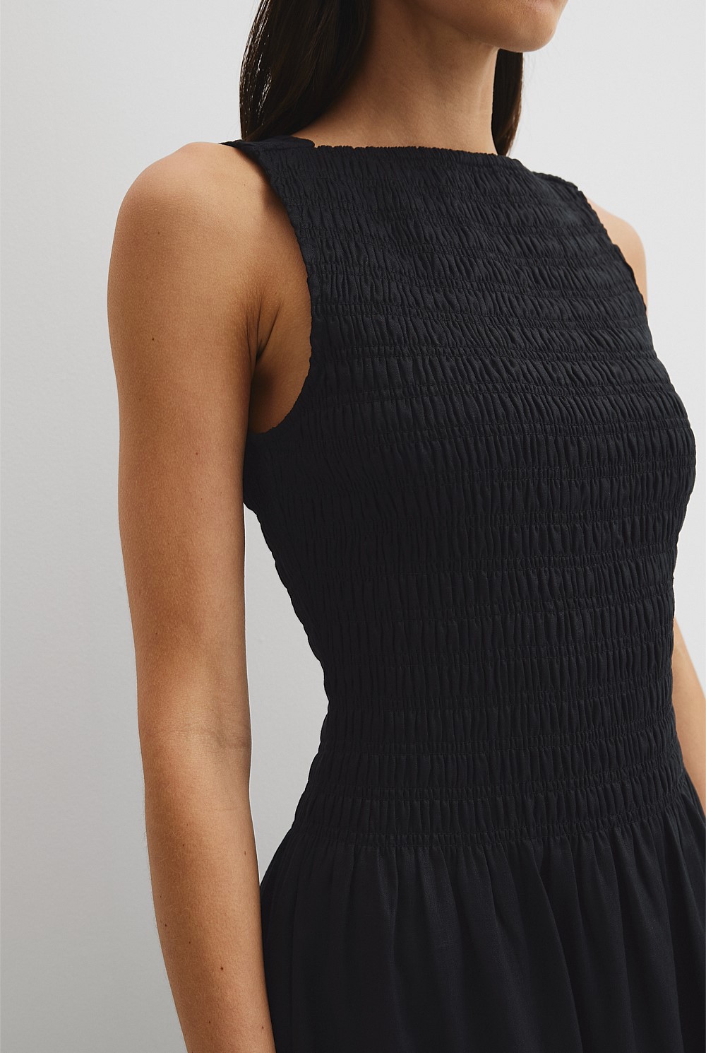 Black Organically Grown Linen Shirred Midi Dress - Work | Country Road