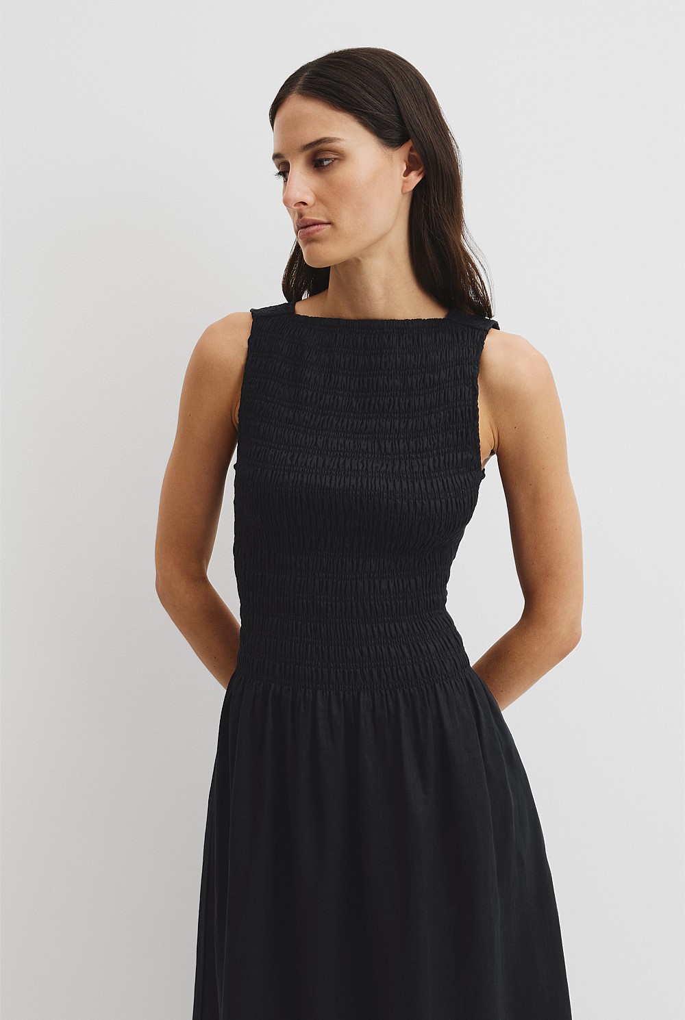 Black Organically Grown Linen Shirred Midi Dress - Work | Country Road