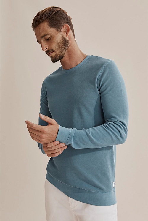 Steel Blue Long Sleeve Waffle Crew T-Shirt - Natural Fibres | Country Road