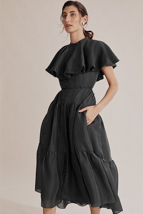 Charcoal Bib Ruffle Tiered Dress - Dresses | Country Road