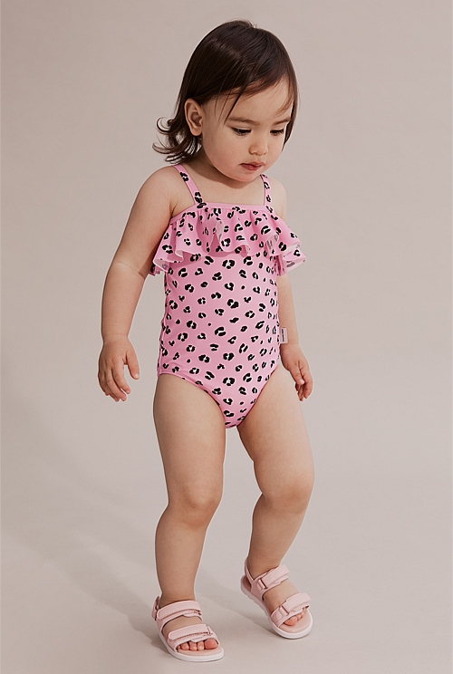 Pale Pink Recycled Nylon Leopard Frill Bather - Swimwear | Country Road