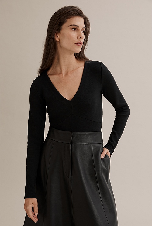 Black Deep V-Neck Rib Long Sleeve Top - T-Shirts & Tops | Country Road