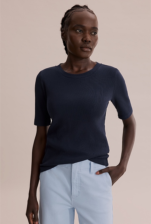 Navy Fitted Rib T-Shirt - T-Shirts & Tops | Country Road
