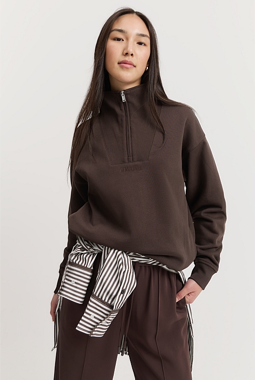 Chocolate Australian Cotton Zip Collar Rib Sweat - Natural Fibres ...