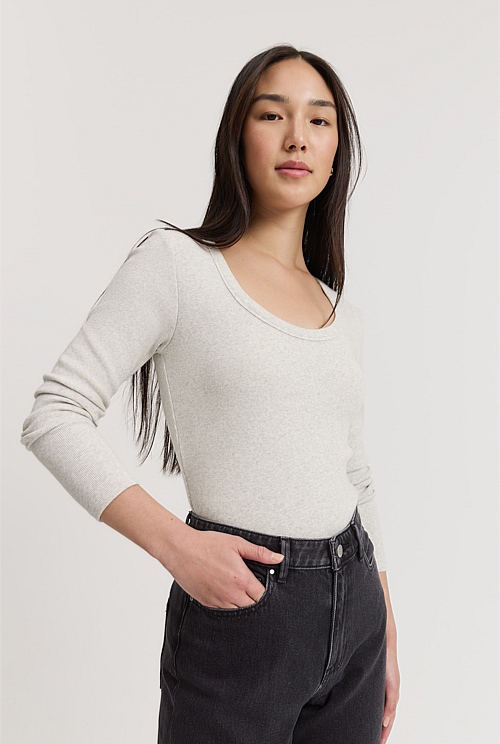 Light Grey Marle Fitted Rib Scoop Long Sleeve Top - T-Shirts & Tops | Country Road