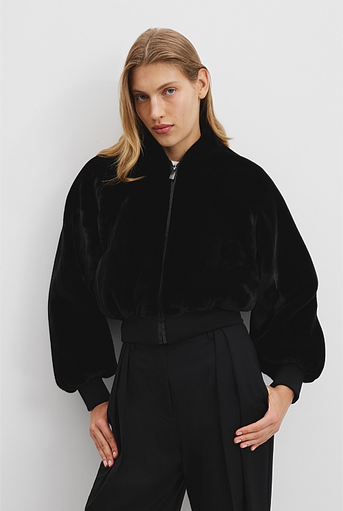 Black Recycled Polyester Fur Bomber Jacket - Jackets & Coats | Country Road