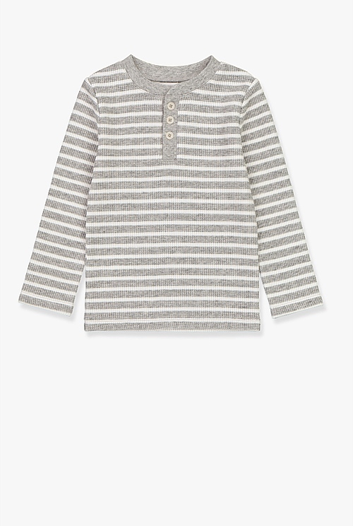 Grey Marle Stripe Waffle Henley - T-Shirts | Country Road