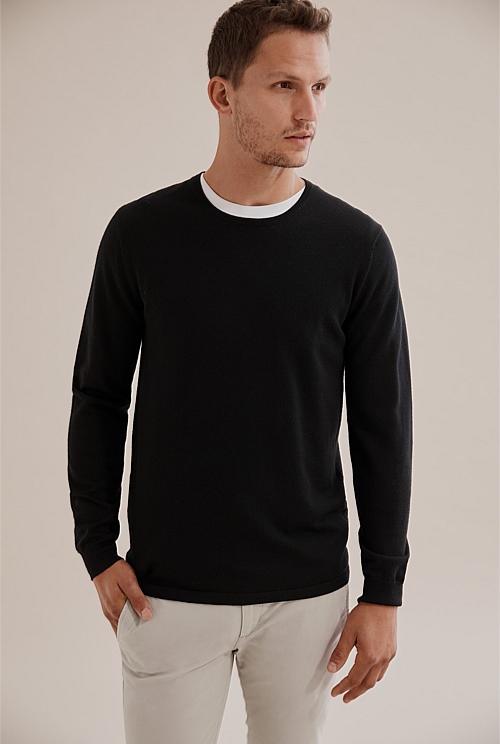 Black Traceable Merino Crew Neck Knit - Knitwear | Country Road