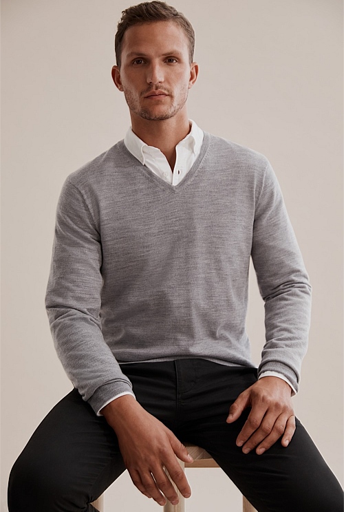 Light Grey Marle Traceable Merino V-Neck Knit - Knitwear | Country Road