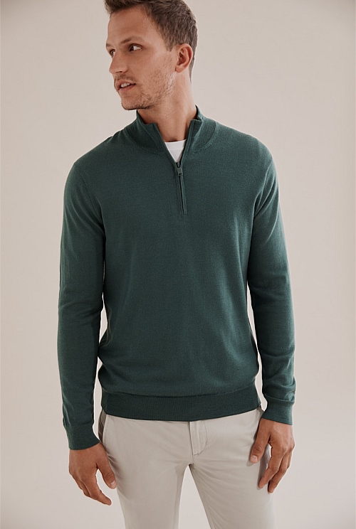 Green Traceable Merino Half Zip Knit - Knitwear | Country Road