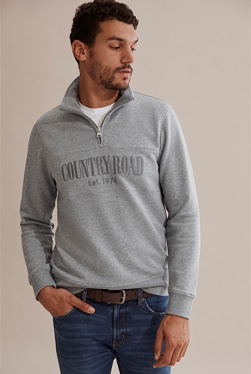Grey Melange Branded Half Zip Sweat - Sweats | Country Road