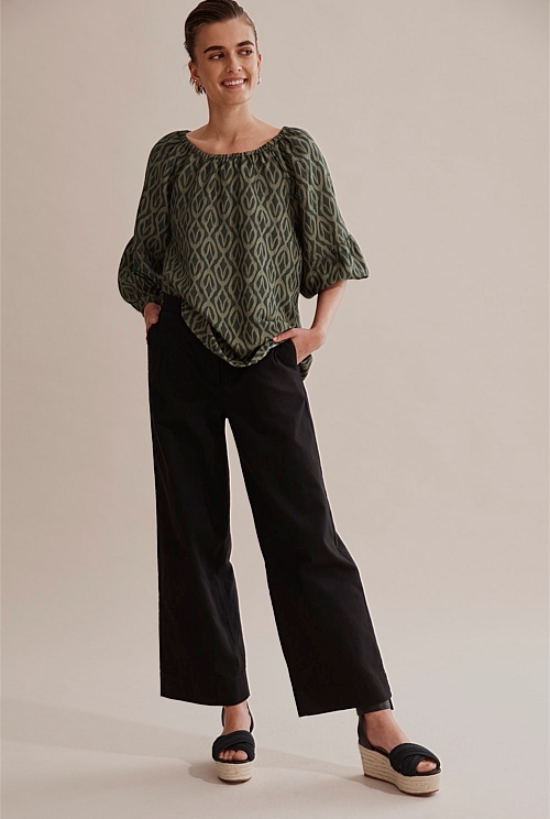 Khaki Elastic Neckline Blouse - Shirts | Country Road