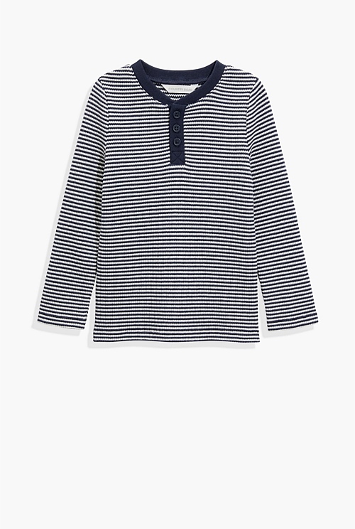 Navy Organically Grown Cotton Stripe Waffle Henley - T-Shirts | Country ...