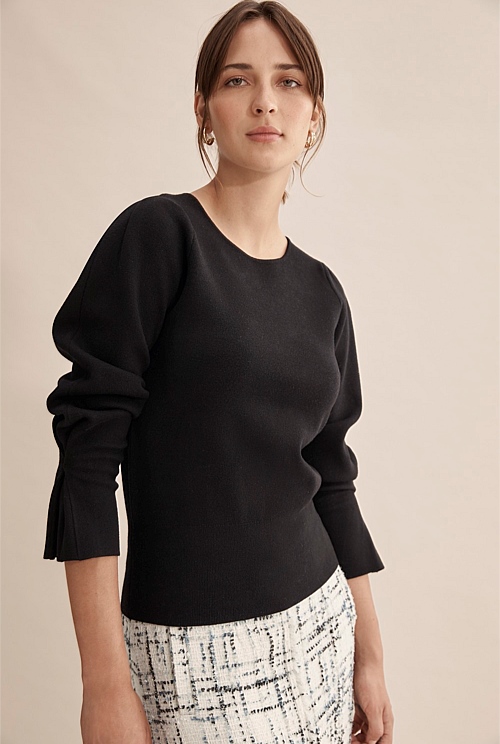 Black Compact Knit Wool Top - Knitwear | Country Road