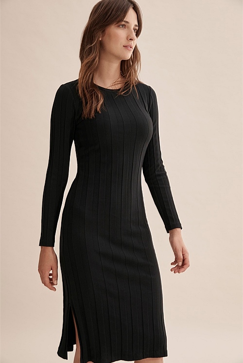 Black Self Stripe Rib Dress - Dresses | Country Road