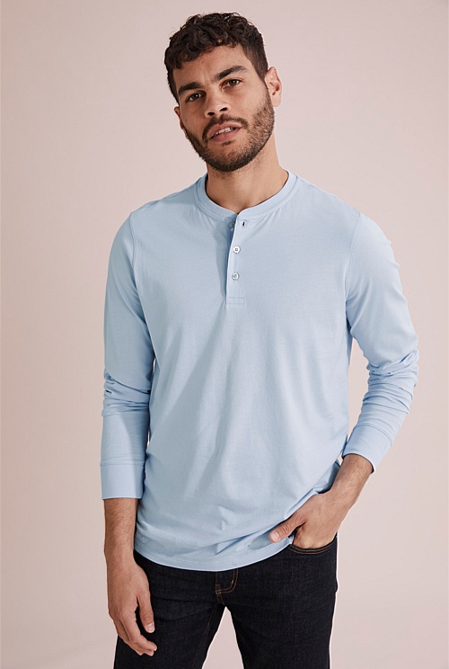 Pale Blue Pima Henley - Natural Fibres | Country Road