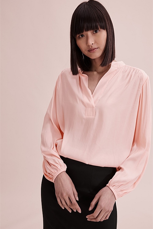 Cosmetic Pink Recycled Polyester Popover Blouse - Shirts | Country Road