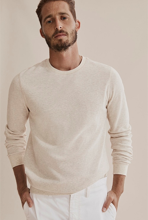 Oatmeal Long Sleeve Waffle Crew T-Shirt - Natural Fibres | Country Road