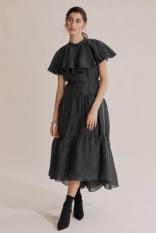 Charcoal Bib Ruffle Tiered Dress - Dresses | Country Road