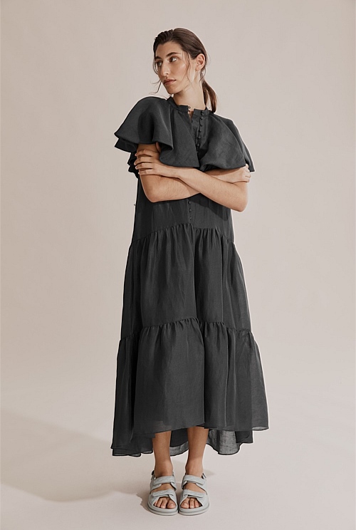 Charcoal Bib Ruffle Tiered Dress - Dresses | Country Road