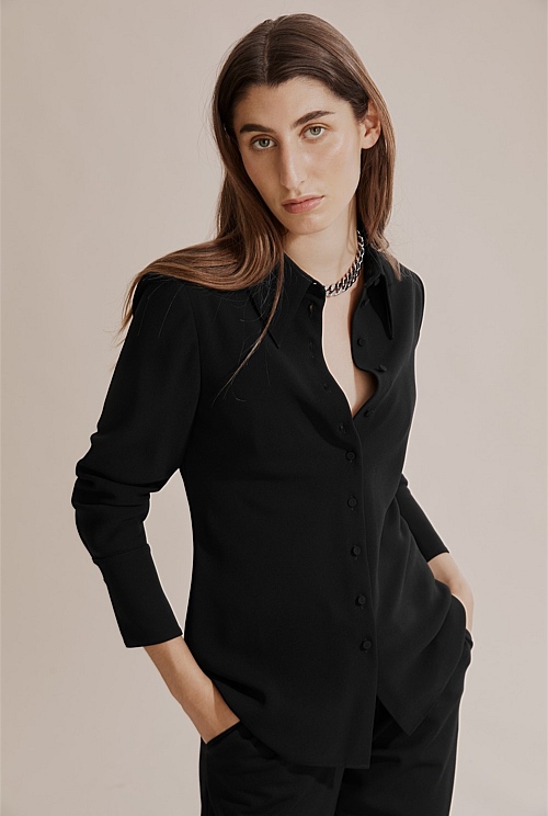 Black Fitted Crepe Shirt - Shirts | Country Road