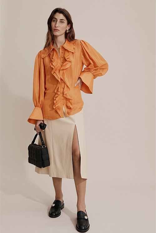 Ochre Ruffle Placket Blouse - Natural Fibres | Country Road