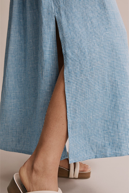 Aqua Organically Grown French Linen Check Basque Maxi Skirt - Natural ...