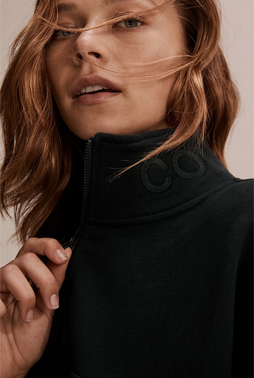 Black Australian Cotton Zip Collar Sweat - Natural Fibres | Country Road
