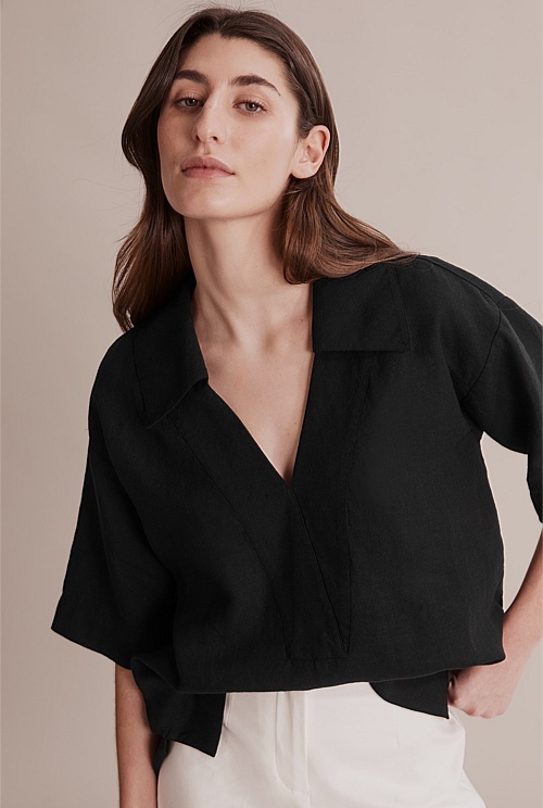 Black Organically Grown French Linen Popover - Natural Fibres | Country ...